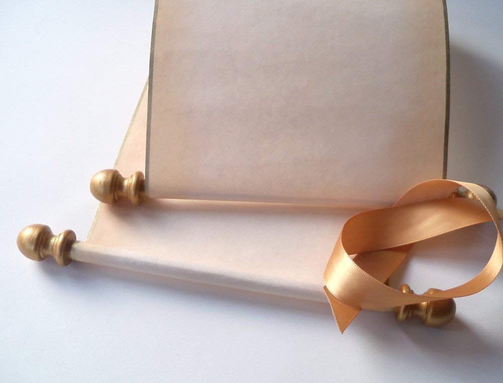 Blank scroll with box on aged parchment, 5" wide paper, gold accents