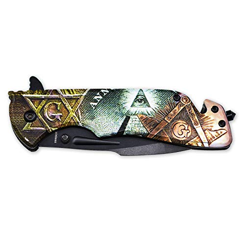 All Seeing Eye Square & Compass Masonic Folding Pocket Knife - [Brown & Green]