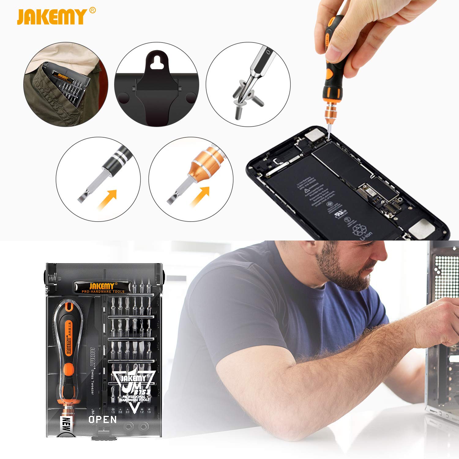 JAKEMY 39 in 1 Screwdriver Set Precision Repair Tool Kit with 36 Magnetic Driver Bits Screwdriver Kit for iphone 11/X/8/7 Plus Cell Phone Macbook Laptop PC Black