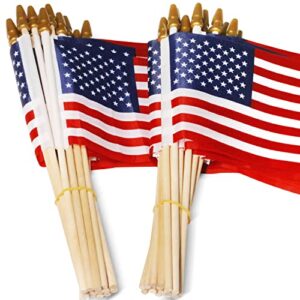 anley lot of 50 - usa 4x6 in wooden stick flag - july 4th decoration, veteran party, grave marker, etc. - handheld american flag with kid safe golden spear top (pack of 50)