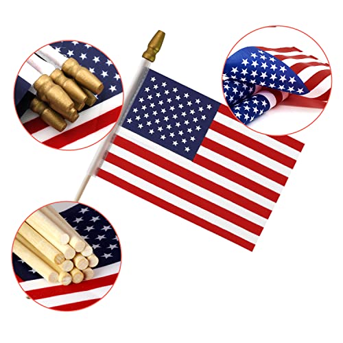 Anley LOT OF 50 - USA 4x6 in Wooden Stick Flag - July 4th Decoration, Veteran Party, Grave Marker, etc. - HandHeld American Flag with Kid Safe Golden Spear Top (Pack of 50)