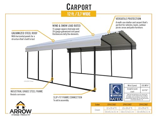 Arrow Carports Galvanized Steel Carport, Full-Size Metal Carport Kit, 12' x 29' x 7', Charcoal