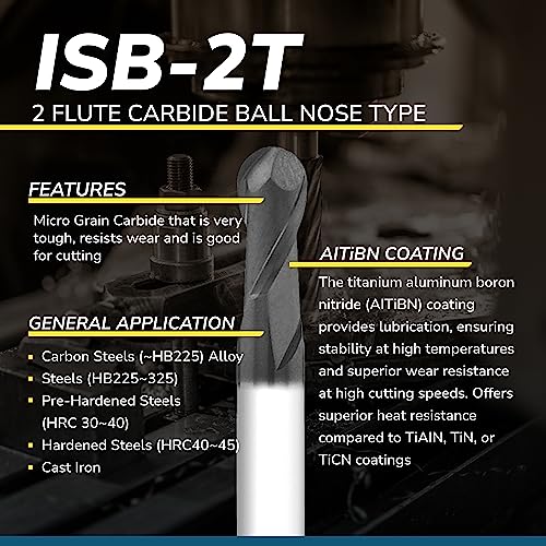 SPEED TIGER Micrograin Carbide Ball Nose End Mill - 2 Flute - ISB3/8"2T (1 Piece, 3/8") - for Milling Alloy Steels, Hardened Steel, Metal – Mill Bits Sets for DIYers & Professionals