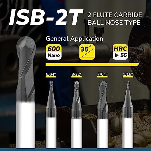 SPEED TIGER Micrograin Carbide Ball Nose End Mill - 2 Flute - ISB3/8"2T (1 Piece, 3/8") - for Milling Alloy Steels, Hardened Steel, Metal – Mill Bits Sets for DIYers & Professionals