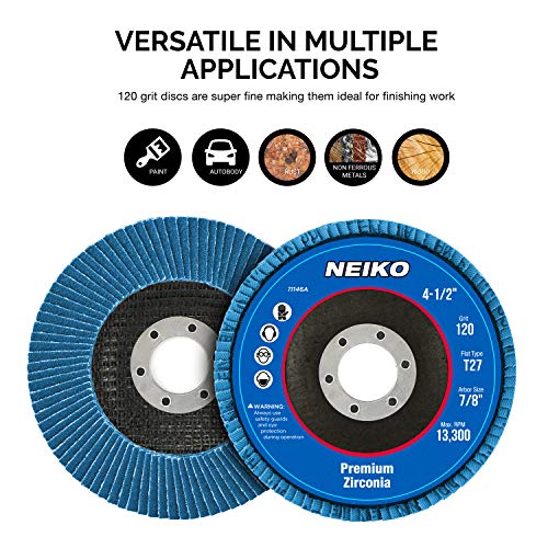 NEIKO 11146A Premium Zirconia Flap Disc | 4.5" x 7/8-Inch, 120 Grit, Flat Type #27-10 Pack