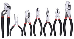 fastpro 7-piece utility pliers set, includes slip joint pliers, long nose pliers, diagonal pliers, groove joint pliers, linesman pliers and mini long nose pliers, dipped handle