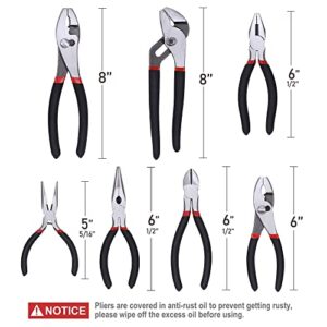 FASTPRO 7-piece Utility Pliers Set, Includes Slip Joint Pliers, Long Nose Pliers, Diagonal Pliers, Groove Joint Pliers, Linesman Pliers and Mini Long Nose Pliers, Dipped Handle