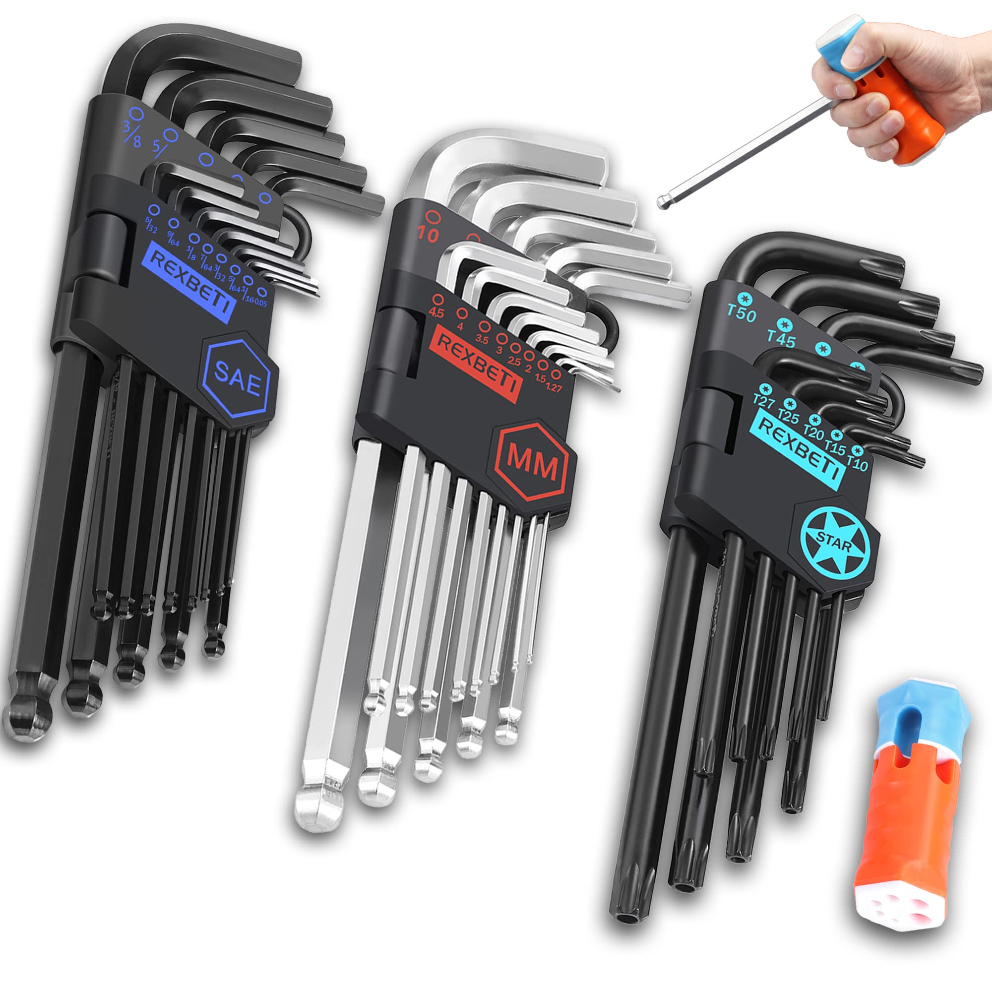 REXBETI Hex Key Allen Wrench Set, SAE Metric Star Long Arm Ball End Hex Key Set Tools, Industrial Grade Allen Wrench Set, S2 Steel