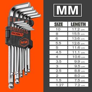 REXBETI Hex Key Allen Wrench Set, SAE Metric Star Long Arm Ball End Hex Key Set Tools, Industrial Grade Allen Wrench Set, S2 Steel