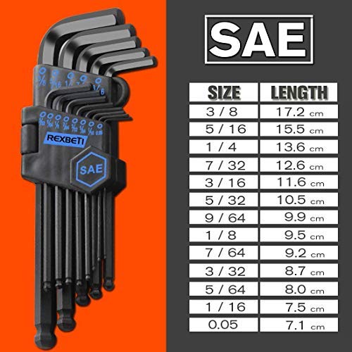 REXBETI Hex Key Allen Wrench Set, SAE Metric Star Long Arm Ball End Hex Key Set Tools, Industrial Grade Allen Wrench Set, S2 Steel