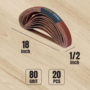 POWERTEC 1/2 x 18 Inch Sanding Belts, 80 Grit Aluminum Oxide Belt Sander Sanding Belt for Air File Belt Sander, Woodworking, Metal Polishing, 20PK (401808)