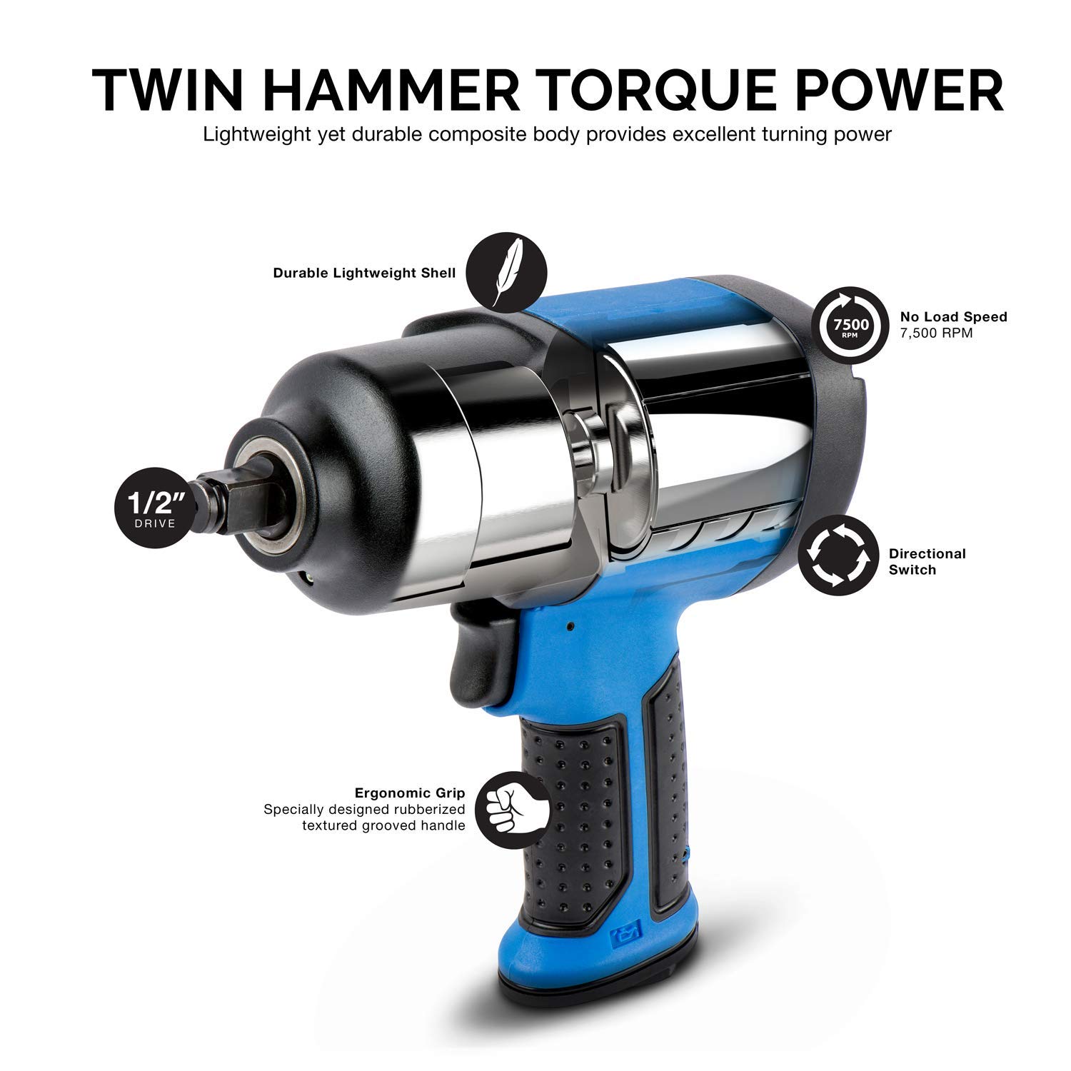 Neiko 30128A Composite Air Impact Torque Wrench | 1/2-Inch Square Drive | 600 Ft-Lbs. | Twin Hammer | Pneumatic Tool