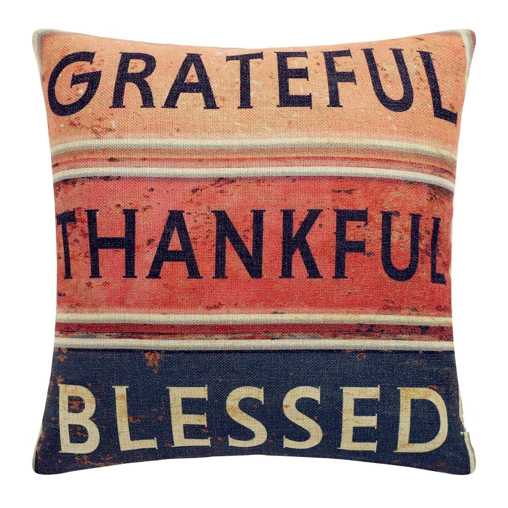 Acelive18 X 18 Inches Cotton Linen Grateful Thankful Blessed Decorative Throw Cushion Cover Invisible Zipper Pillow Covers for Living Room for Sofa Couch Home Office Indoor Decorative Square