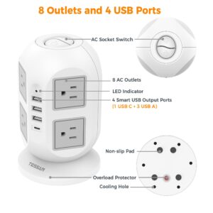 Tower Surge Protector Power Strip 10 ft, TESSAN Long Flat Extension Cord with Multiple Outlets, 8 AC Outlets with 4 USB Ports (1 USB C), Charging Station with Surge Protection, for Home Office Dorm