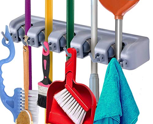 WEN WEN HOME Broom Holder and Garden Tool Organizer for Rake or Mop Handles, 5 Position with 6 Hooks, Up to 7-12 pounds and 1.25-Inches(Grey)