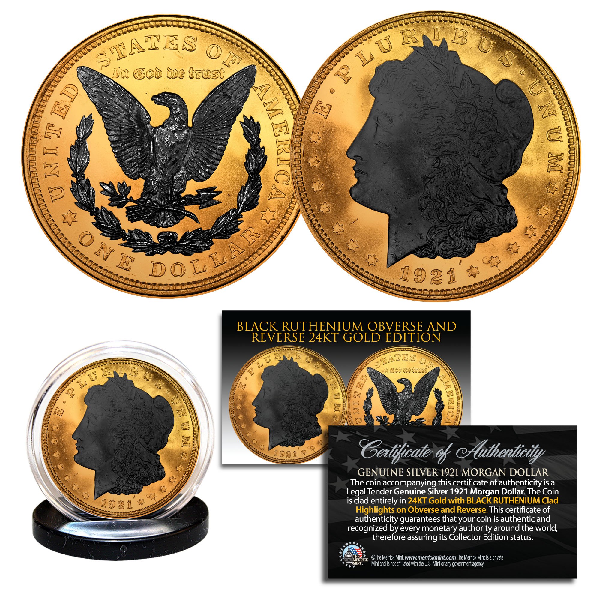 1921 Genuine AU Morgan Silver Dollar Reverse Black Ruthenium & 24K Gold Edition