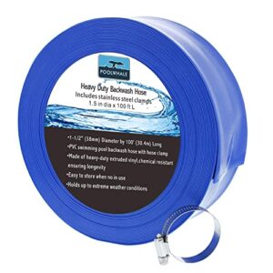 poolwhale 1-1/2" x 100' economy blue backwash hose with clamps, general purpose reinforced pvc lay-flat water discharge hose,for use while back-washing filters and draining pools