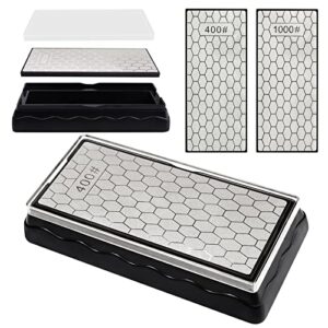 double-sided diamond sharpening stone, kalolary knife sharpener stone whetstone honeycomb surface plate with non-slip base for scissors knives outdoor kitchen sharpen tools (400/1000 grit, 150 x 63mm)