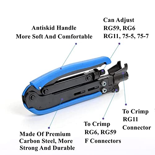 Gaobige Coaxial Compression Tool Coax Cable Crimper Kit Adjustable rg6 rg59 rg11 75-5 75-7 Coaxial Cable Stripper with 20pcs F Male And 10pcs Female to Female rg6 Connectors