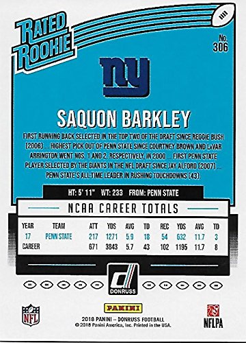 Saquon Barkley 2018 Donruss Short Printed Mint Rated Rookie Card #306 Picturing this #2 NFL Draft Pick in his Blue New York Giants Jersey