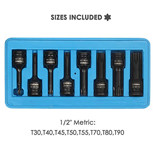 CASOMAN 1/2" Drive Torx Driver Impact Socket Set Chrome-Molybdenum Steel T30-T90 Extended Length 8 Piece Impact Torx Bits Set