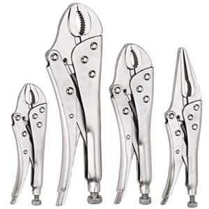 fastpro 4-piece locking pliers set, 5", 7" and 10" curved jaw locking pliers, 6-1/2" long nose locking pliers included, vice grip wrench set