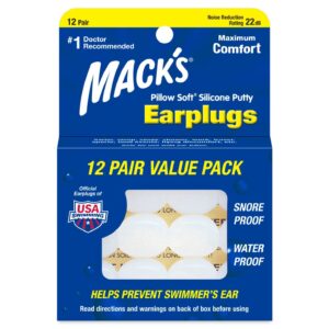 mack's pillow soft silicone earplugs, 12 pair – the original moldable silicone putty ear plugs for sleeping, snoring, swimming, travel, concerts and studying | made in usa