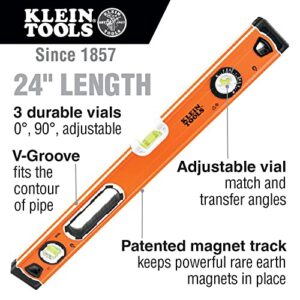 Klein Tools 935L Level, 24-Inch Magnetic Bubble Level with Adjustable Vial and Top V-Groove, High Viz Orange