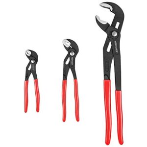 maxpower water pump pliers set. plumbing pliers 3 pieces kitbag set. 7-inch, 10-inch and 16-inch push button quick adjust tongue and groove pliers set