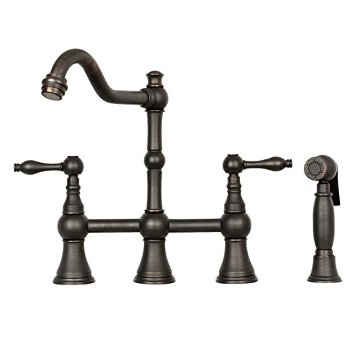 Two-Handles Bridge Copper Kitchen Faucet with Side Sprayer 8-3/8 Inch High Arc - Including 5Years Warranty Akicon 96718(Oil Rub Bronze)