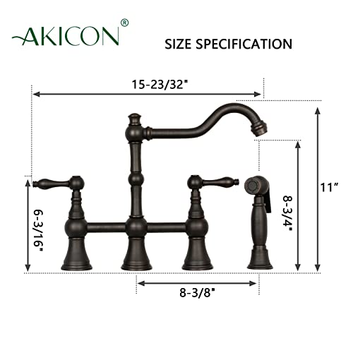 Two-Handles Bridge Copper Kitchen Faucet with Side Sprayer 8-3/8 Inch High Arc - Including 5Years Warranty Akicon 96718(Oil Rub Bronze)