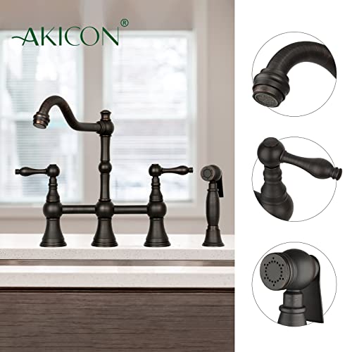 Two-Handles Bridge Copper Kitchen Faucet with Side Sprayer 8-3/8 Inch High Arc - Including 5Years Warranty Akicon 96718(Oil Rub Bronze)