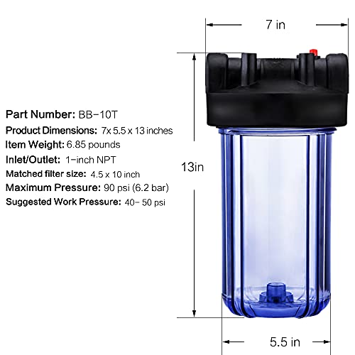 Geekpure Whole House Water Filtration System with 10-Inch Big Clear Housing with 4.5"x 10" 5 Micron PP Sediment Filters-1"NPT Inlet/Outlet