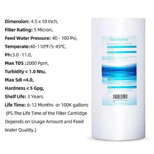 Geekpure Whole House Water Filtration System with 10-Inch Big Clear Housing with 4.5"x 10" 5 Micron PP Sediment Filters-1"NPT Inlet/Outlet