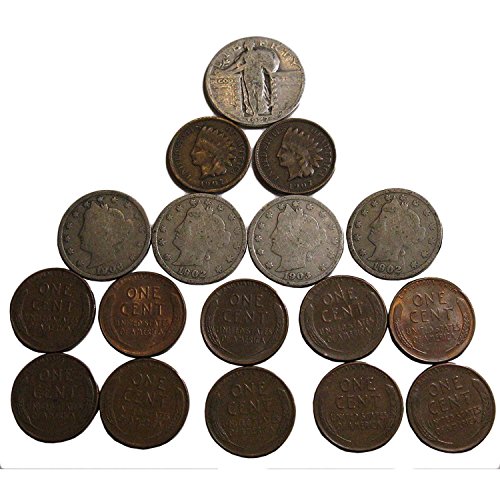 P&D Ultimate Collection of Old Coins. 2 Indian Head Pennies, 10 Wheat Pennies, 2 Liberty Nickels, and 1 Silver Walking Liberty Quarter - (1/4) Seller Good or better -