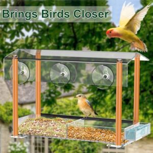 HHXRISE Bird Feeder, Window Bird Feeder for Outside with Strong Large Size Suction Cups, Clear Acrylic Bird House for Viewing with Detachable Seed Tray, Drinking-Water Sink, Rainproof Roof, Drain Hole