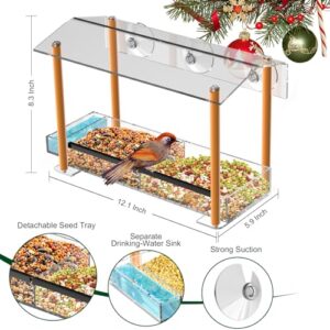 HHXRISE Bird Feeder, Window Bird Feeder for Outside with Strong Large Size Suction Cups, Clear Acrylic Bird House for Viewing with Detachable Seed Tray, Drinking-Water Sink, Rainproof Roof, Drain Hole