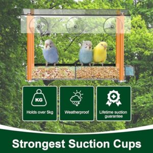 HHXRISE Bird Feeder, Window Bird Feeder for Outside with Strong Large Size Suction Cups, Clear Acrylic Bird House for Viewing with Detachable Seed Tray, Drinking-Water Sink, Rainproof Roof, Drain Hole