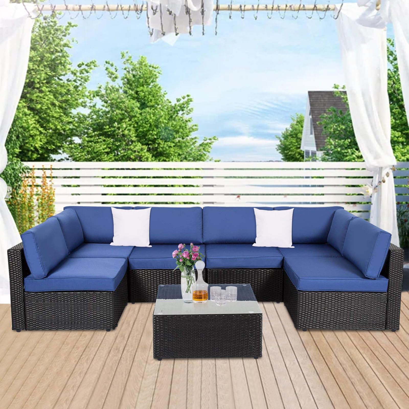 kinbor Patio Furniture - Outdoor Sectional Sofa, 7 Piece Wicker Outdoor Couch Rattan Conversation Set with Thickened Cushions and Glass Coffee Table