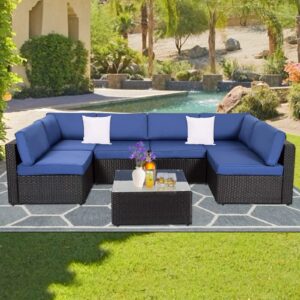 kinbor Patio Furniture - Outdoor Sectional Sofa, 7 Piece Wicker Outdoor Couch Rattan Conversation Set with Thickened Cushions and Glass Coffee Table