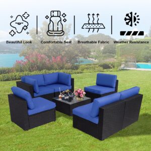 kinbor Patio Furniture - Outdoor Sectional Sofa, 7 Piece Wicker Outdoor Couch Rattan Conversation Set with Thickened Cushions and Glass Coffee Table