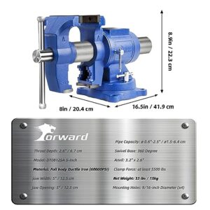 Forward DT08125A 5-Inch Heavy Duty Bench Vise 360-Degree Swivel Base and Head with Anvil (5", Ductile Iron)