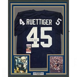 framed autographed/signed rudy ruettiger 33x42 notre dame blue college football jersey jsa coa