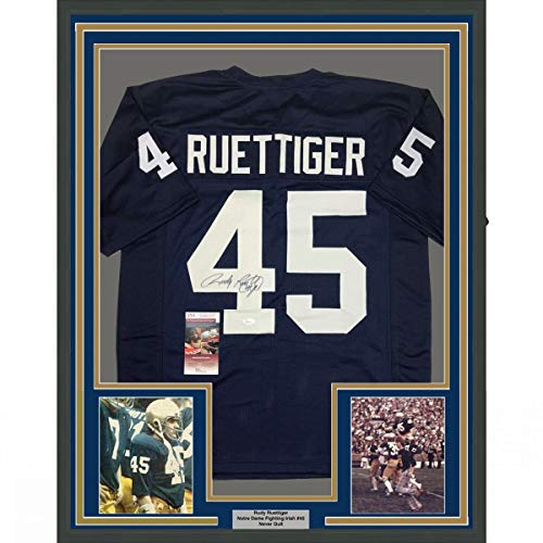 Framed Autographed/Signed Rudy Ruettiger 33x42 Notre Dame Blue College Football Jersey JSA COA