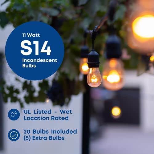 Feit Electric 30ft Outdoor String Lights 15 Sockets, Dimmable, Heavy-Duty Weather Resistant Decorative Outdoor Incandescent String Lights, 20 S14 Incandescent Bulbs Included, Amber Glow