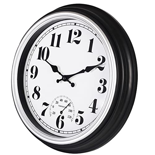 45Min 12 Inch Indoor/Outdoor Retro Round Waterproof Wall Clock with Thermometer, Silent Non Ticking Battery Operated Quality Quartz Wall Clock Home/Patio Decor(Silver F)