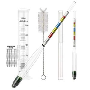 triple scale alcohol hydrometer(2 pcs)and test jar for home brew, wine, beer, mead, cider & kombucha - combo set of 250ml plastic cylinder, cleaning brush, storage bag - abv, brix and gravity test kit