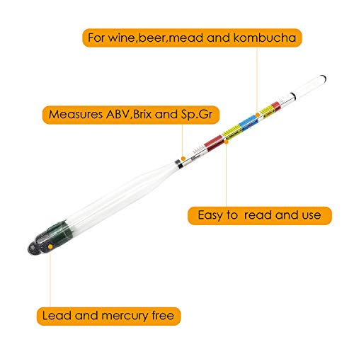 Triple Scale Alcohol Hydrometer(2 pcs)and Test Jar for Home Brew, Wine, Beer, Mead, Cider & Kombucha - Combo Set of 250ml Plastic Cylinder, Cleaning Brush, Storage Bag - ABV, Brix and Gravity Test Kit