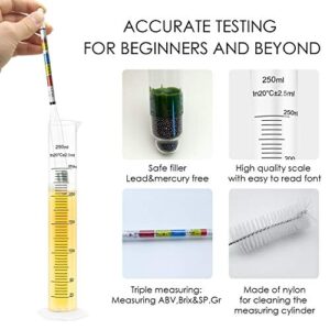 Triple Scale Alcohol Hydrometer(2 pcs)and Test Jar for Home Brew, Wine, Beer, Mead, Cider & Kombucha - Combo Set of 250ml Plastic Cylinder, Cleaning Brush, Storage Bag - ABV, Brix and Gravity Test Kit