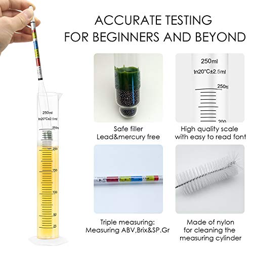 Triple Scale Alcohol Hydrometer(2 pcs)and Test Jar for Home Brew, Wine, Beer, Mead, Cider & Kombucha - Combo Set of 250ml Plastic Cylinder, Cleaning Brush, Storage Bag - ABV, Brix and Gravity Test Kit